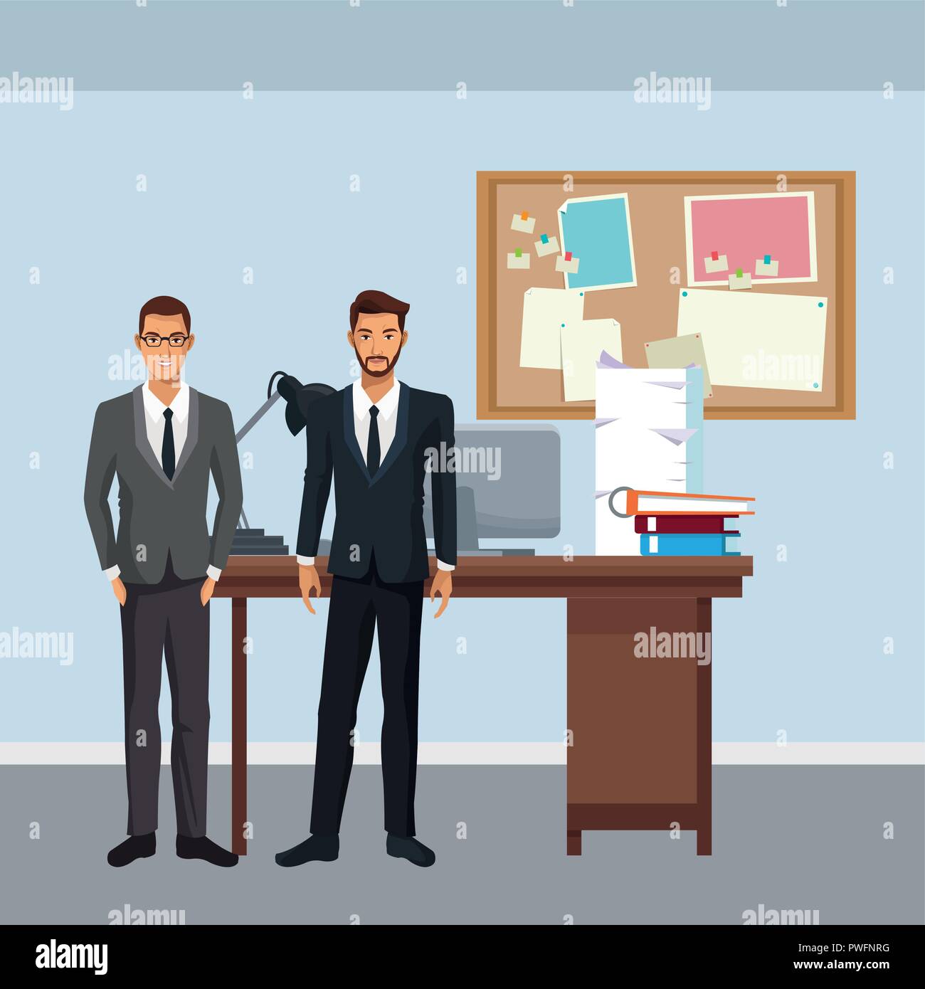 business colleagues working in office scenario and elements vector ...
