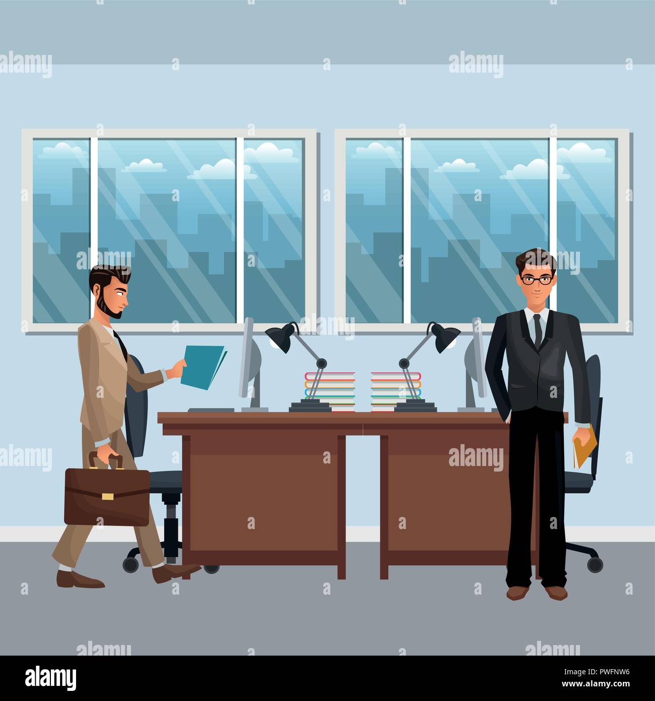 business colleagues working in office scenario and elements vector ...