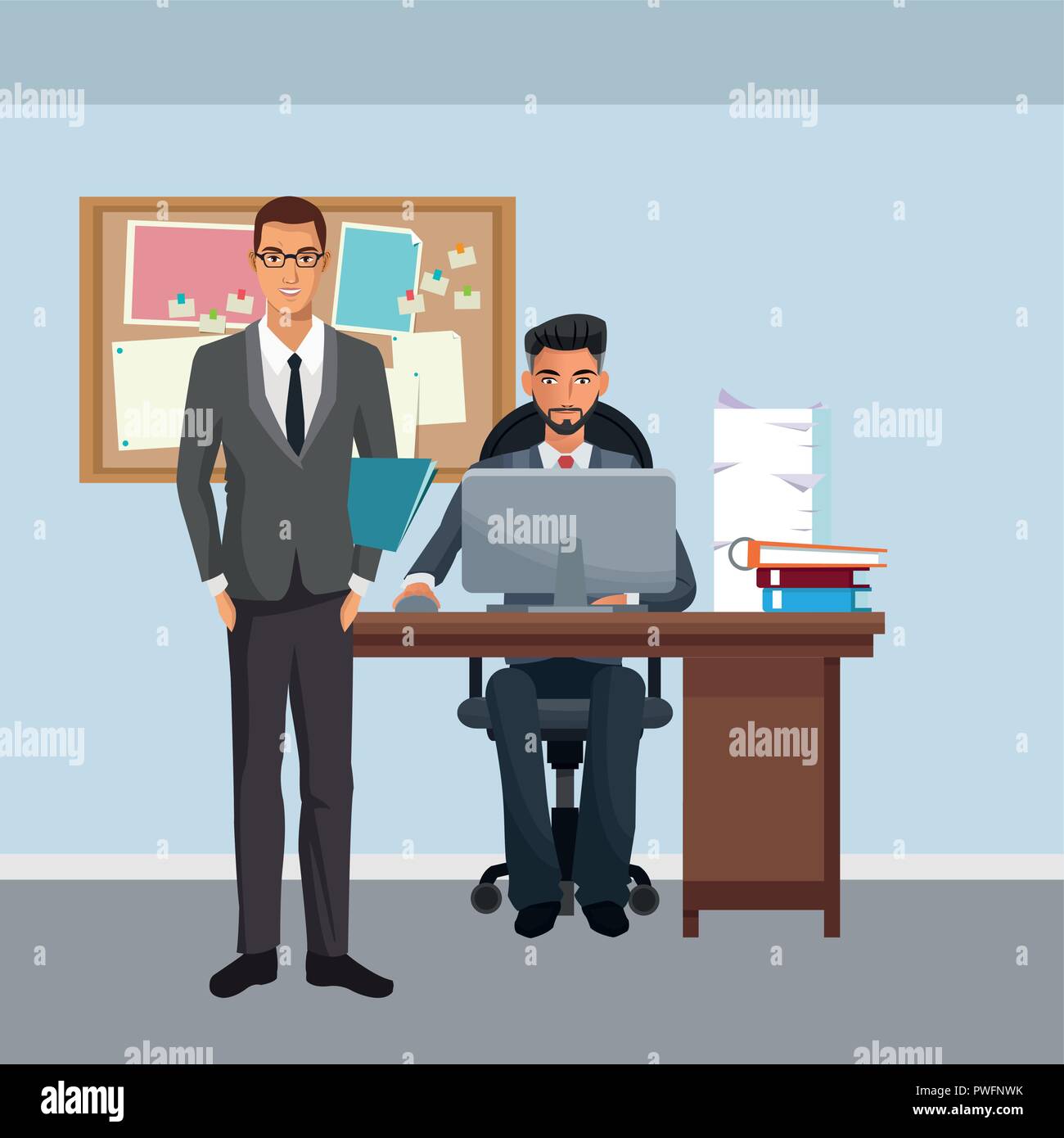 business colleagues working in office scenario and elements vector ...