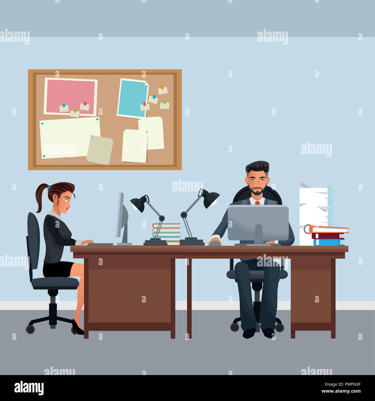 business colleagues working in office scenario and elements vector ...