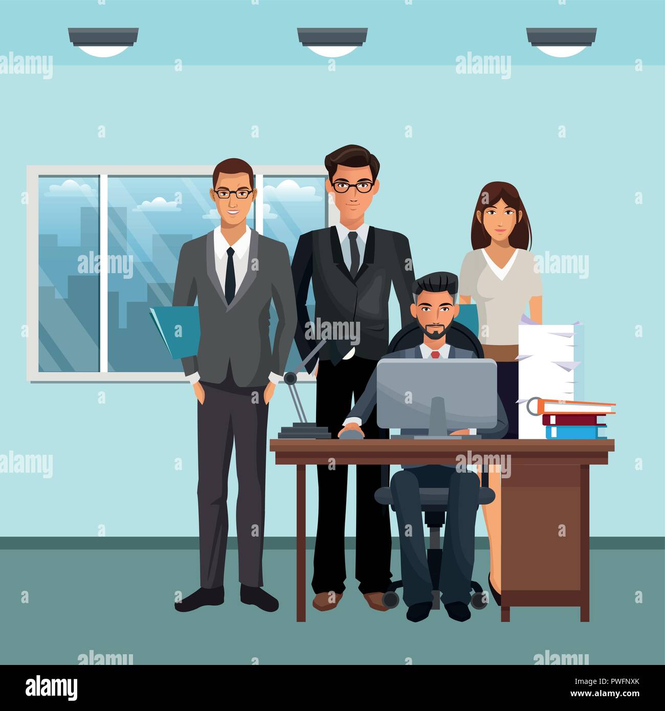 business colleagues working in office scenario and elements vector ...