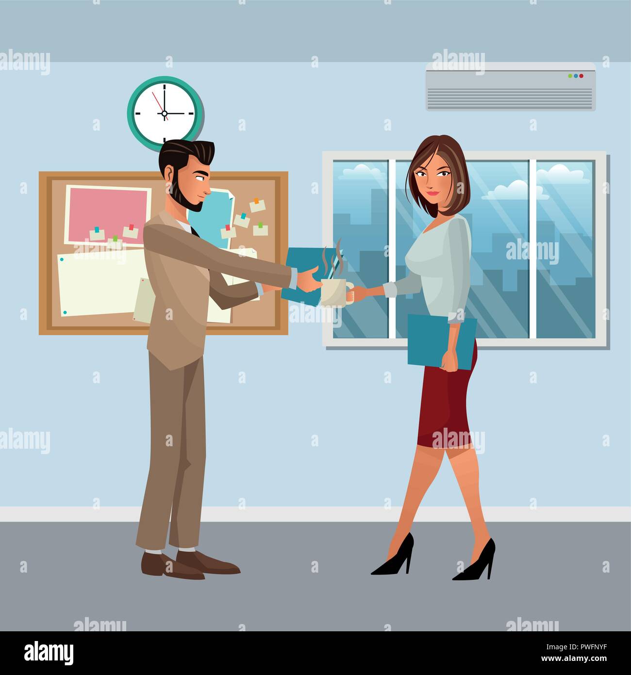 business colleagues working in office scenario and elements vector ...