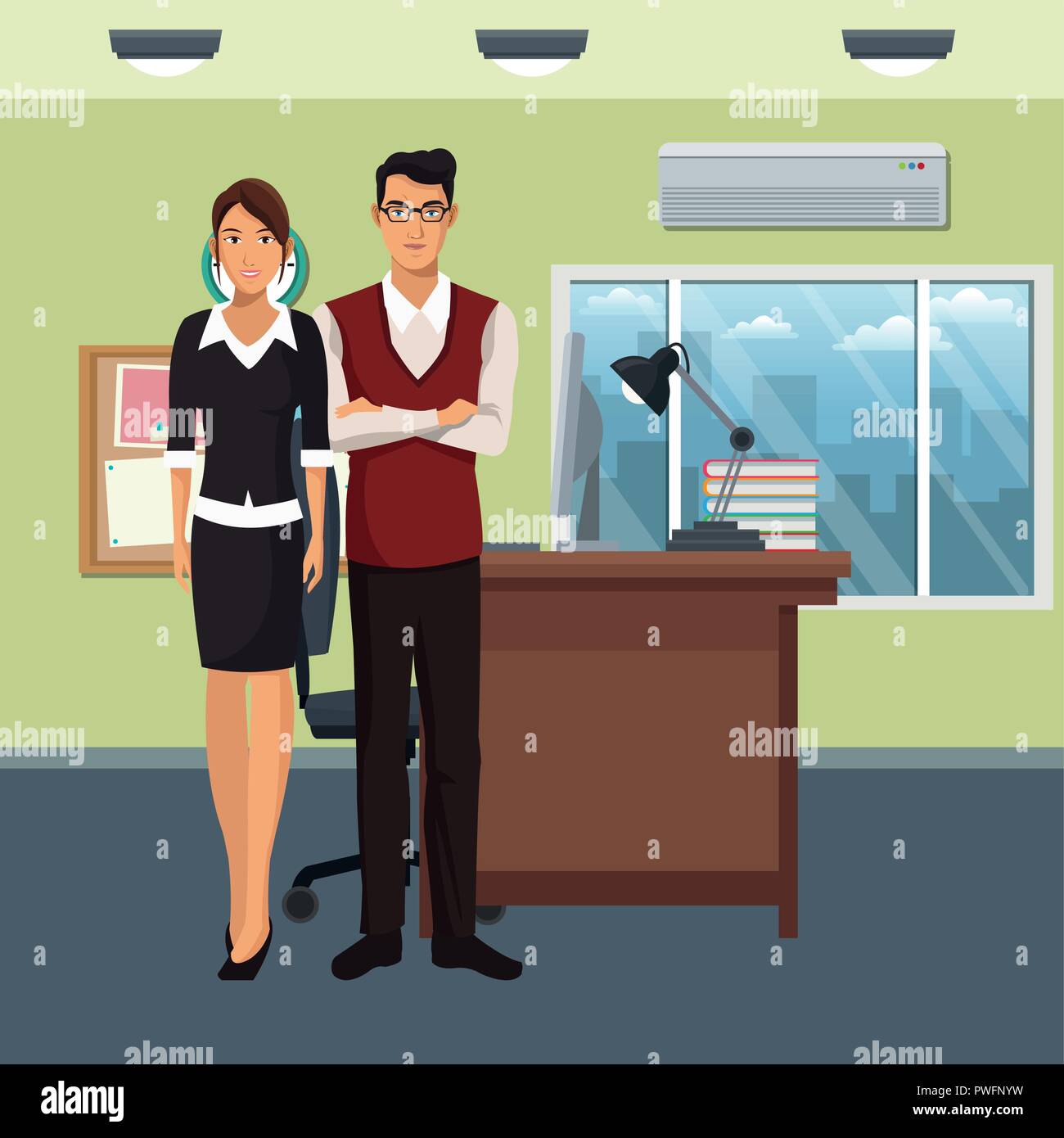 business colleagues working in office scenario and elements vector ...
