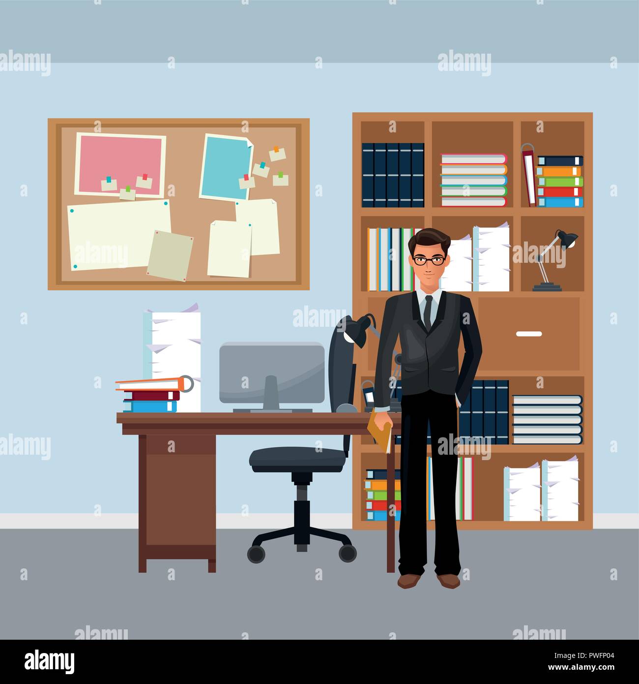 business character standing in office scenario and elements vector ...