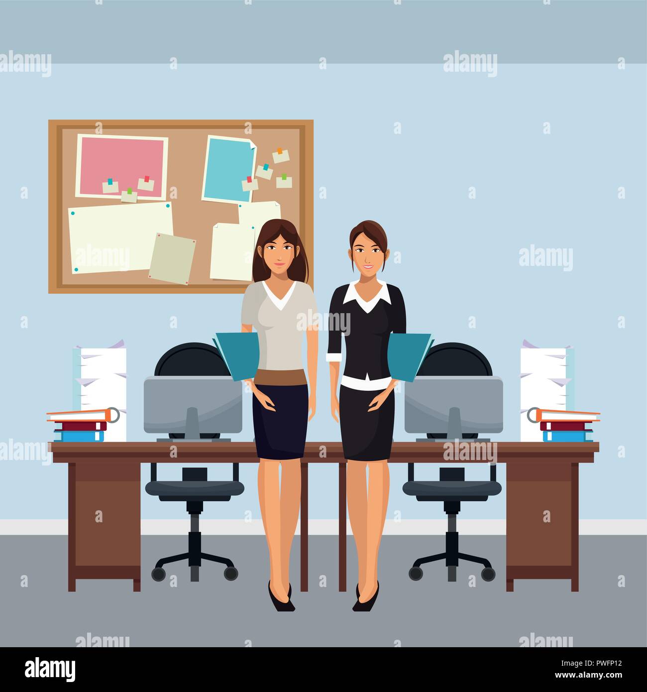 business colleagues working in office scenario and elements vector ...
