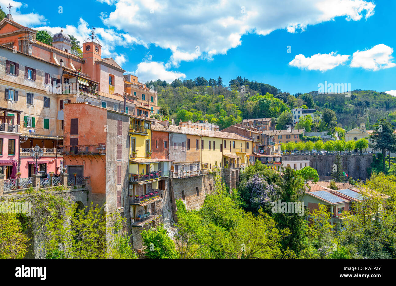 Italy, Nemi, panoramic view of the village overlooking the lake Stock ...