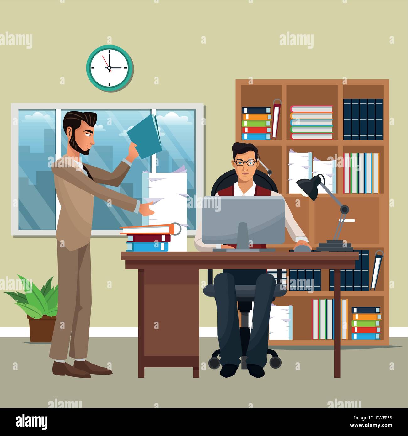 business colleagues working in office scenario and elements vector ...