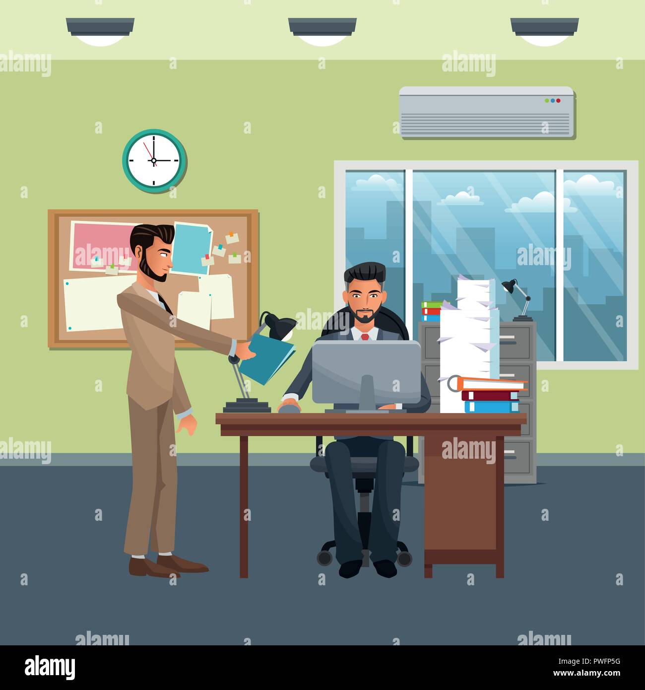 business coworker handing documents and working in office scenario and ...