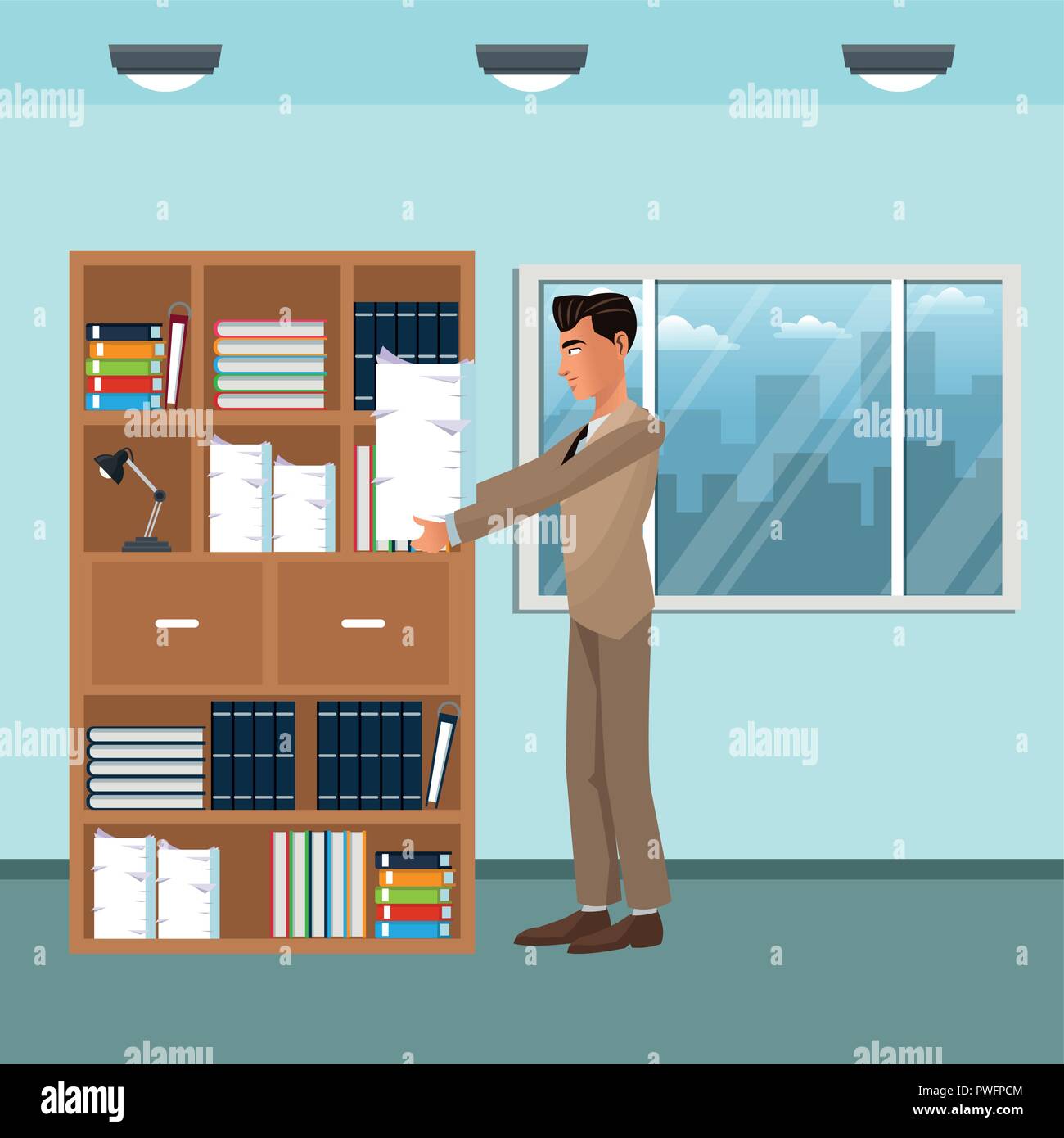 business character, handing documents and working in office scenario ...