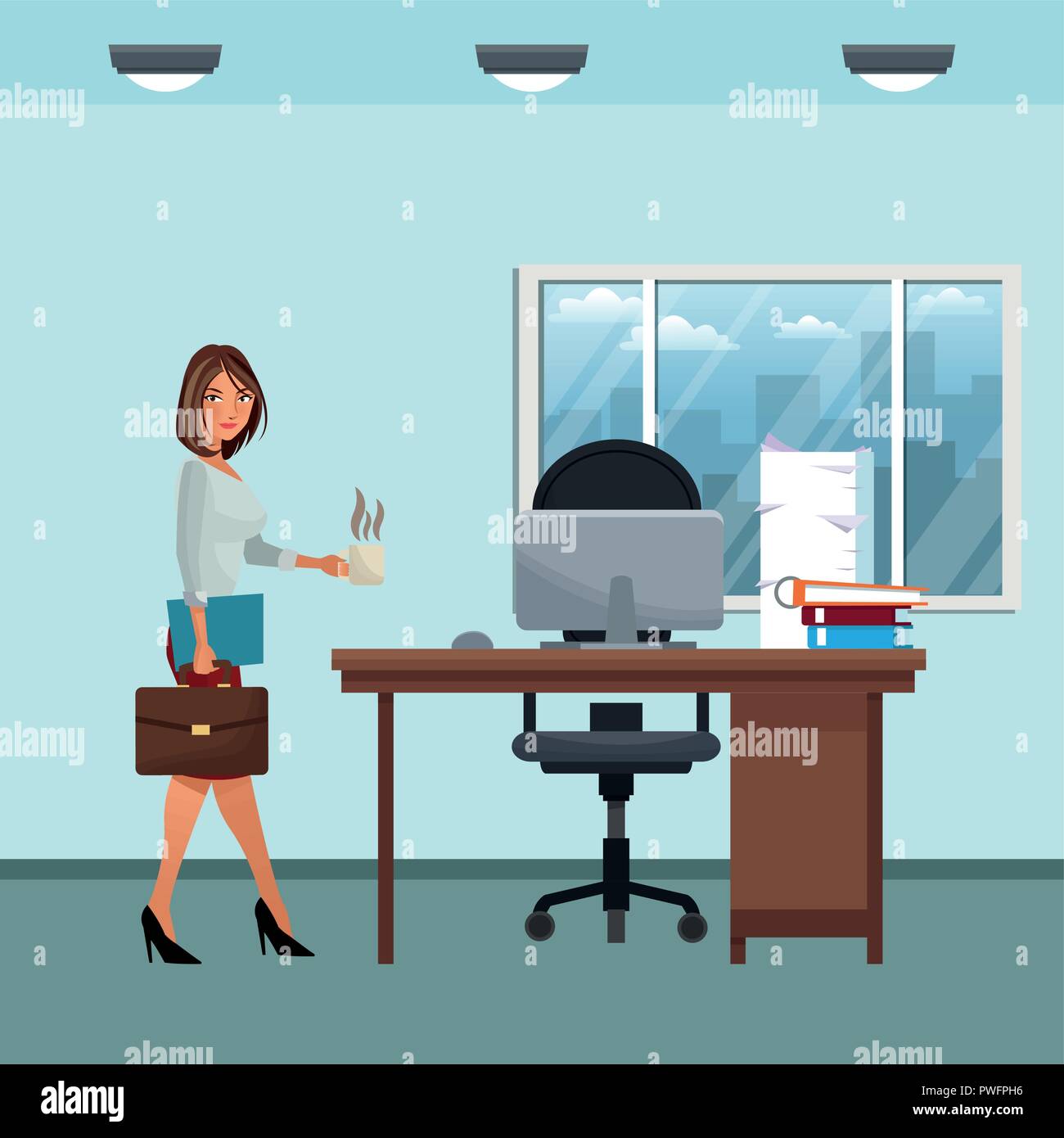 business character standing in office scenario and elements vector ...