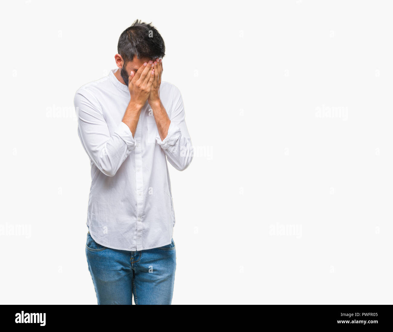 Adult hispanic man over isolated background with sad expression ...
