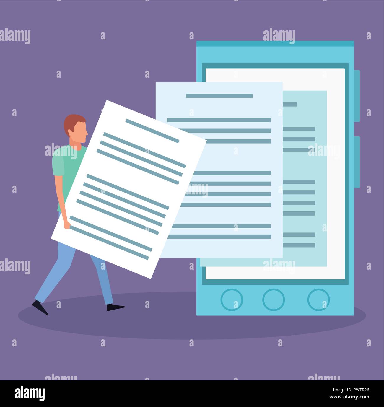 business character showing document on screen vector illustration ...