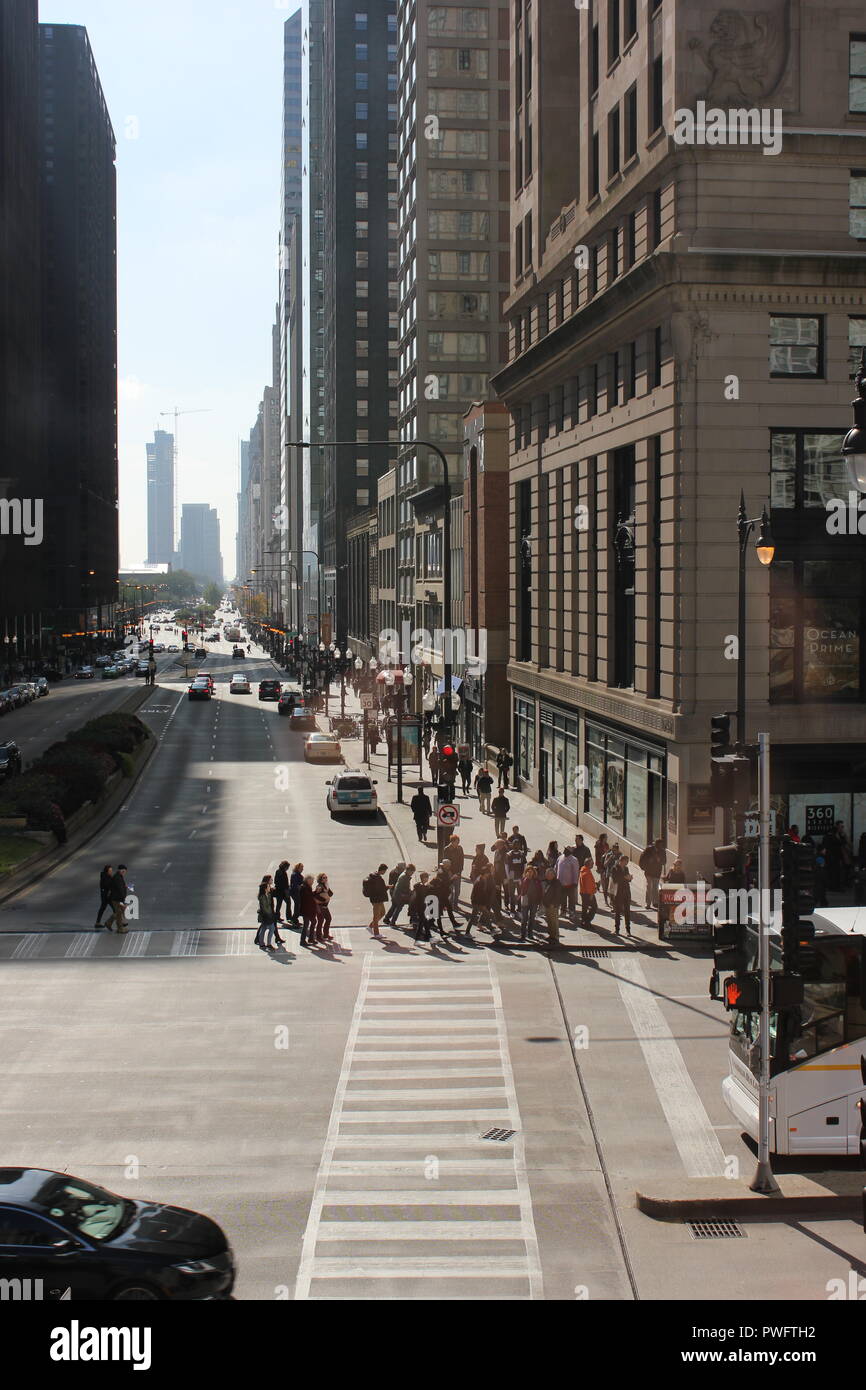 Michigan Avenue pedestrian crowd crossing the street at the crosswalk ...