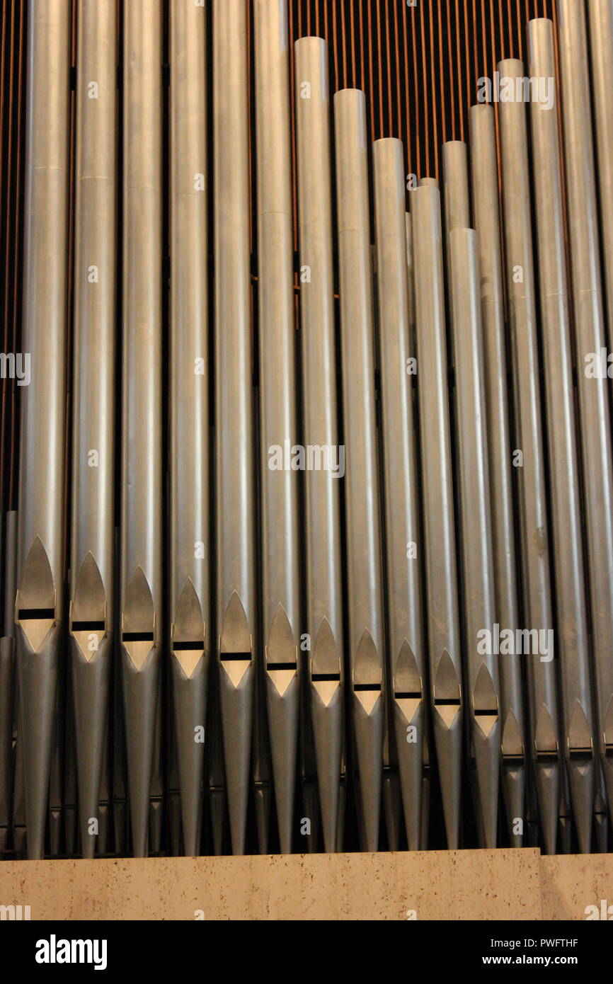 Huge modern pipe organ on display in the interior of the ...
