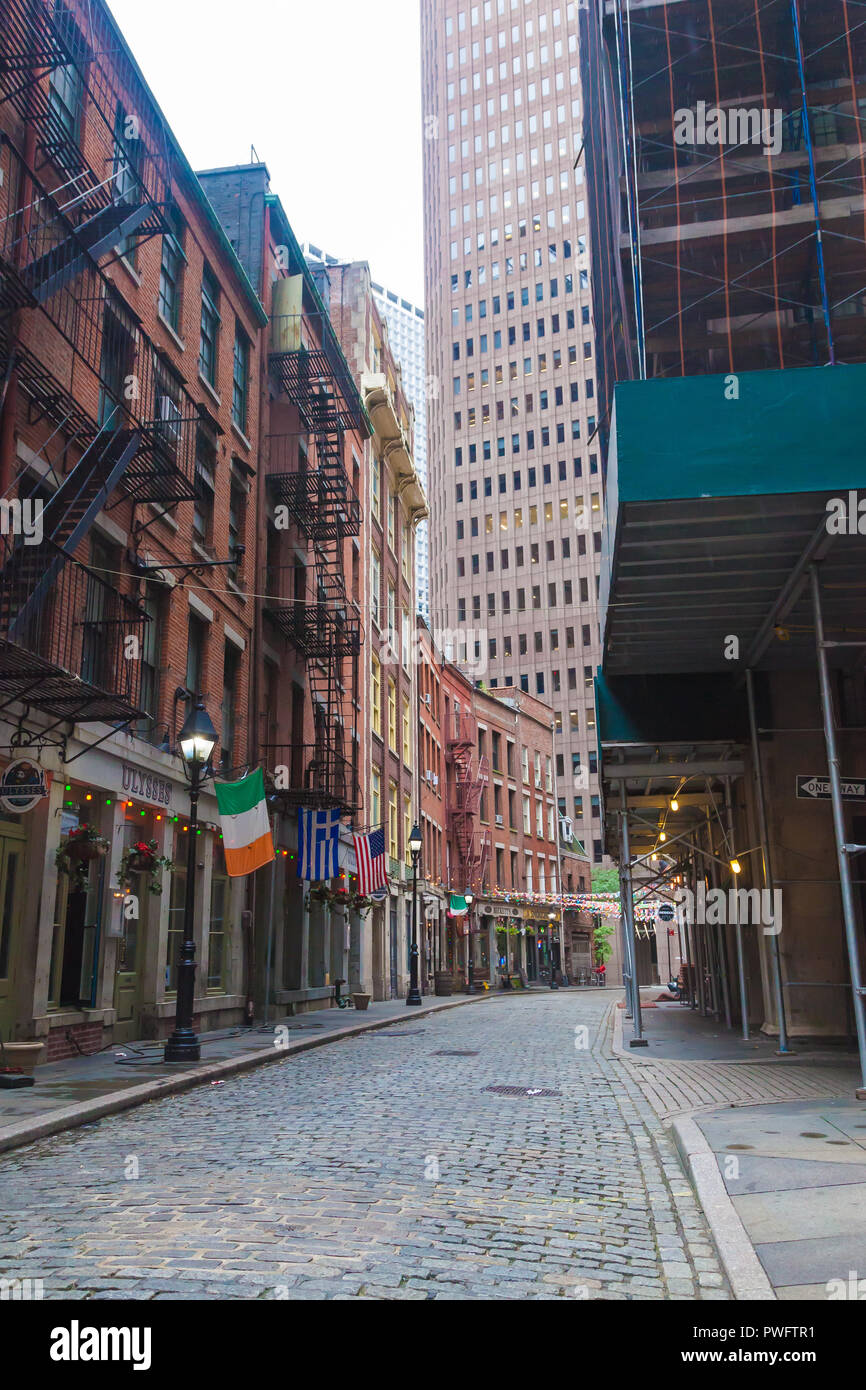 NEW YORK, NEW YORK - August 19, 2018: A view of an empty Stone Street ...