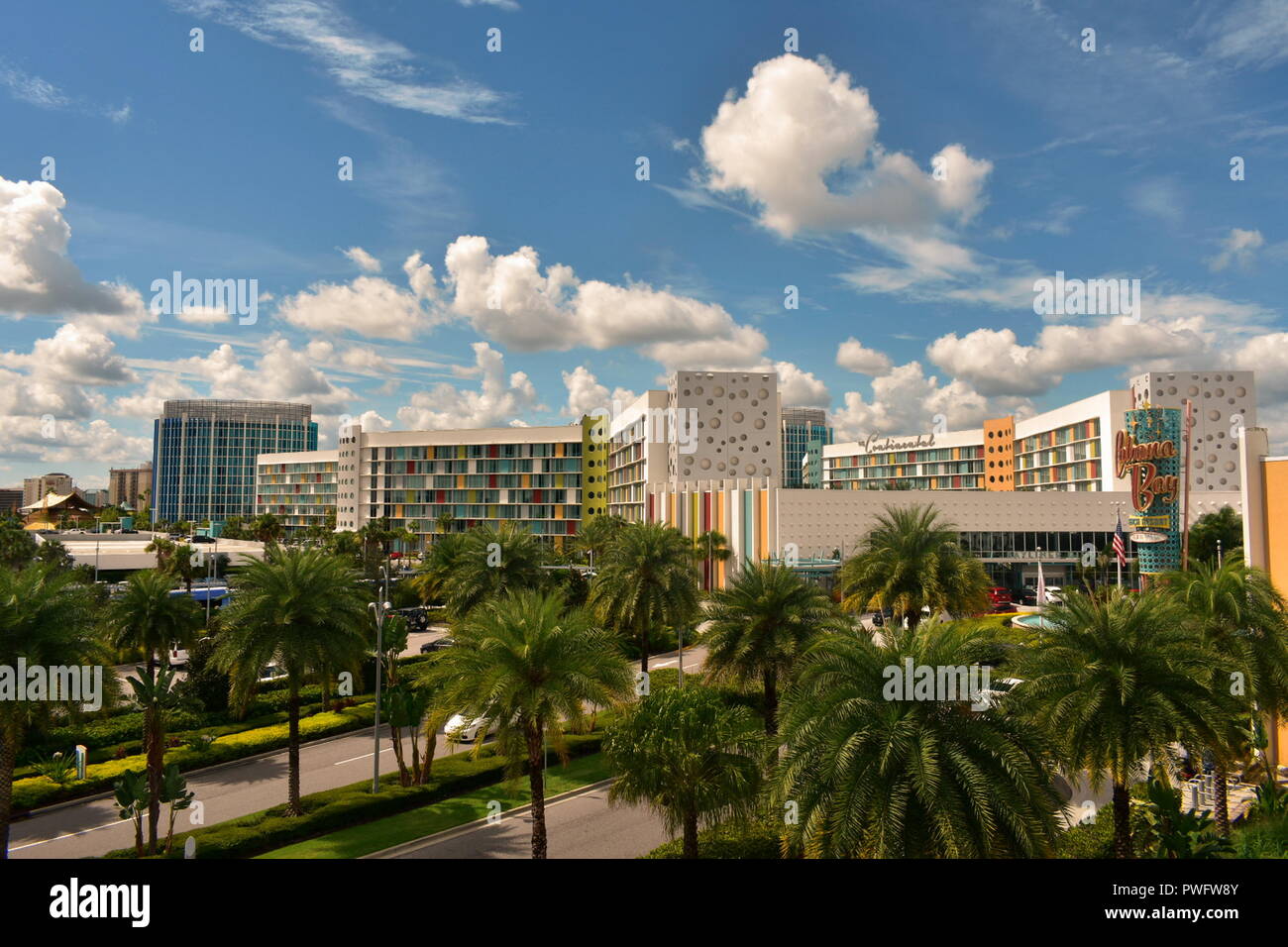 Orlando, Florida; August 19, 2018 Colorful Hotel on cloudy blue sky at ...