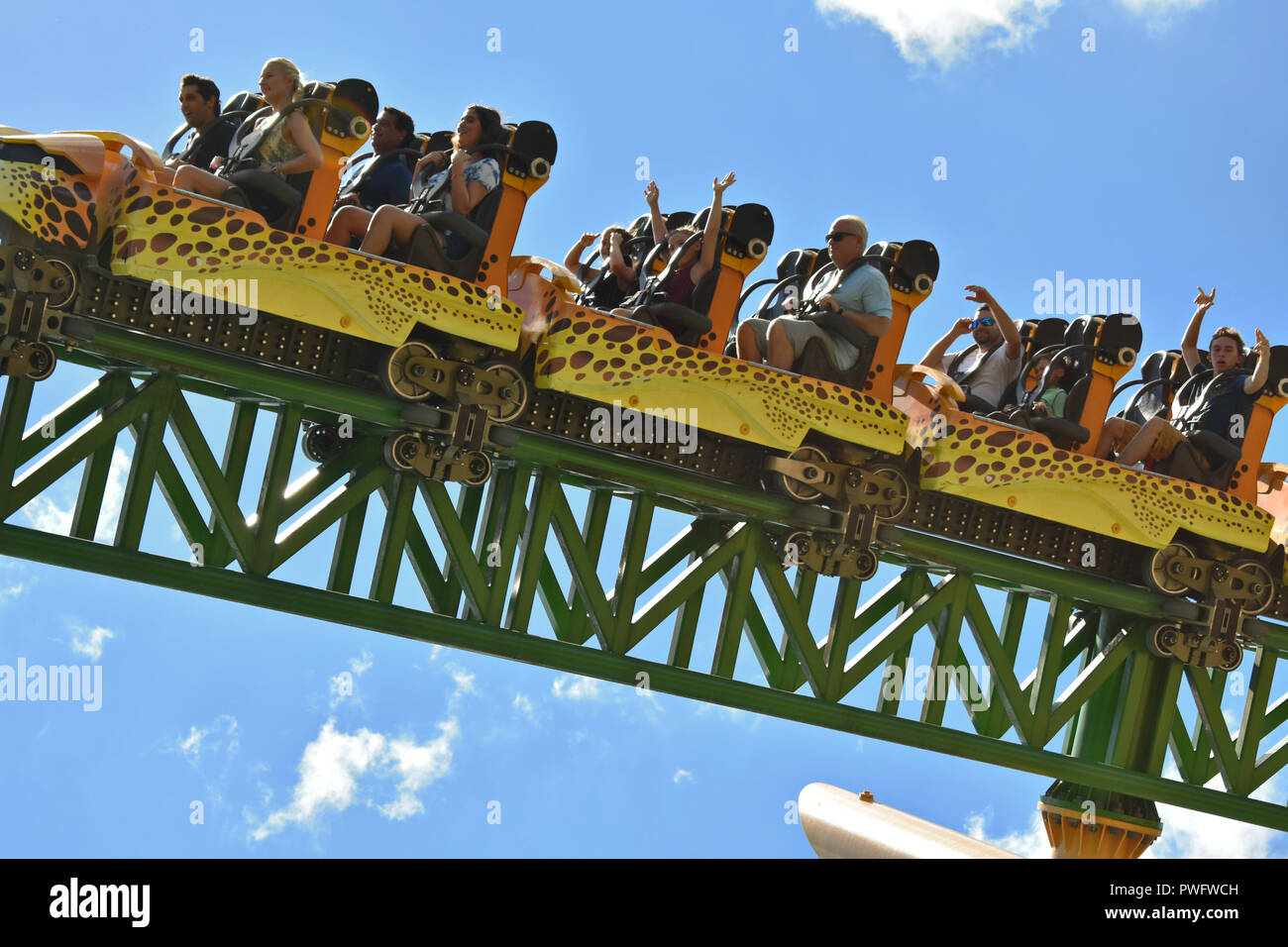 Tampa, Florida; September 19, 2018. Young people on Cheetah Hunt Roller ...