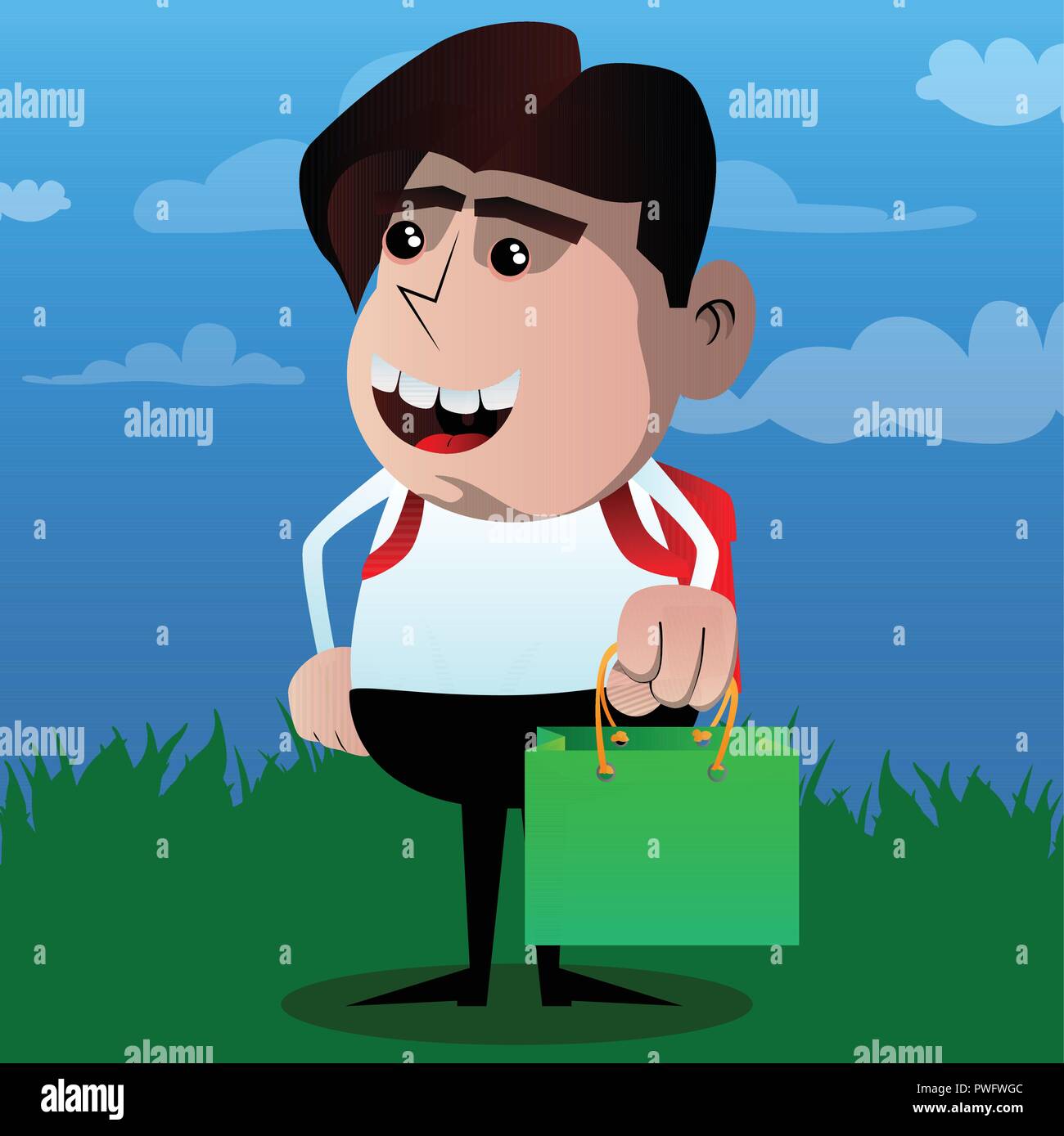 Schoolboy holding a green paper bag. Vector cartoon character ...