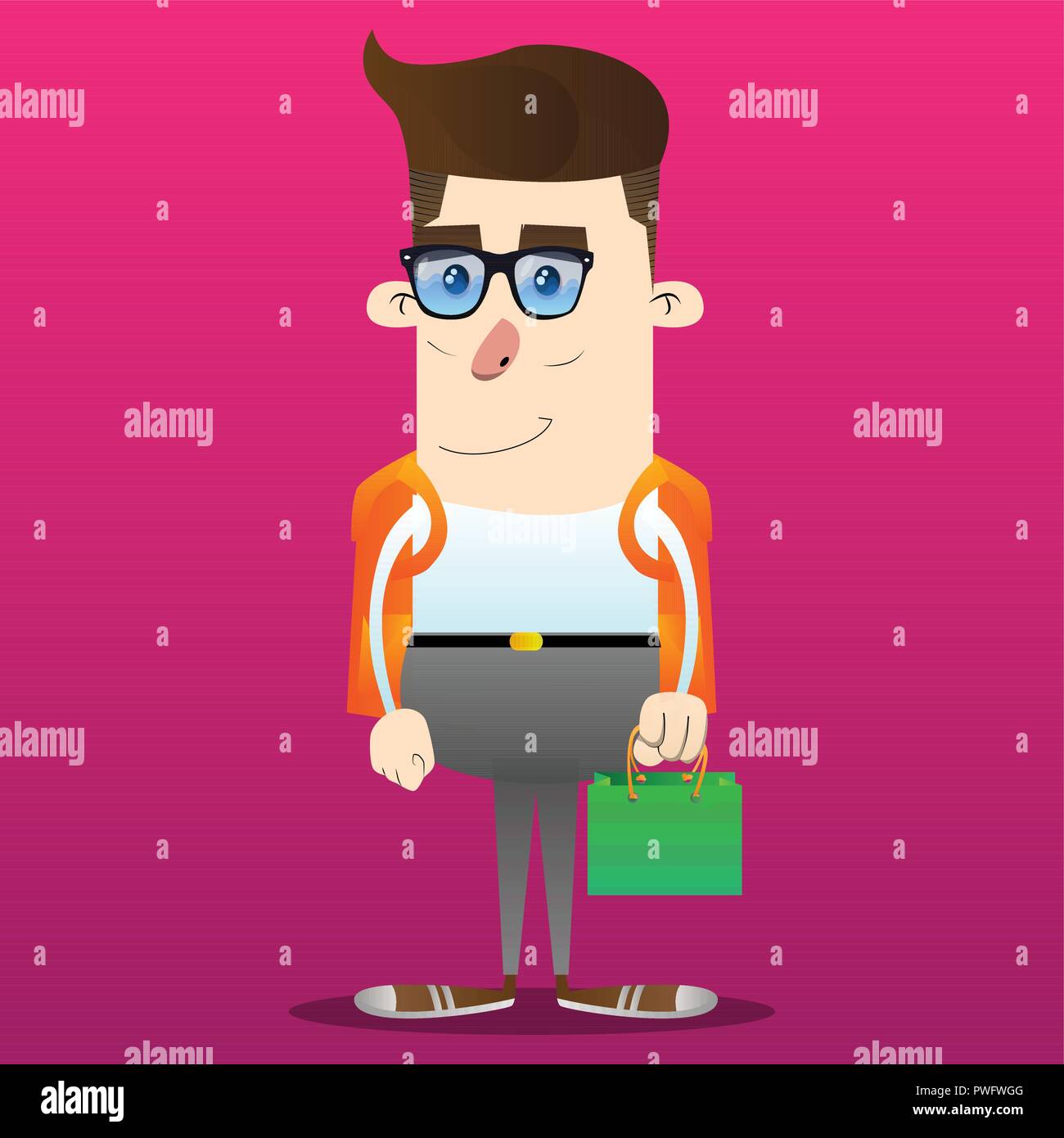 Schoolboy holding a green paper bag. Vector cartoon character ...
