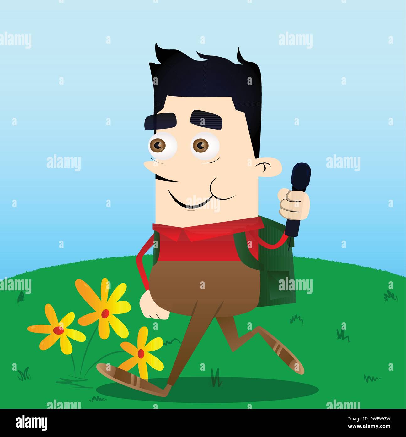 Schoolboy holding microphone. Vector cartoon character illustration ...