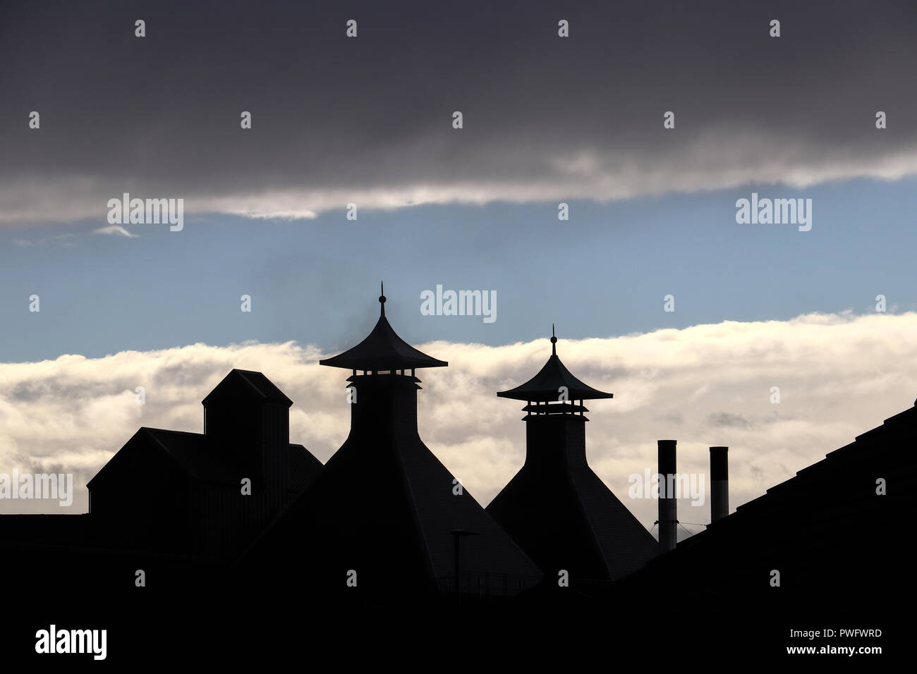 The two kilns at the Highland Park Distillery in Orkney, Scotland, with ...