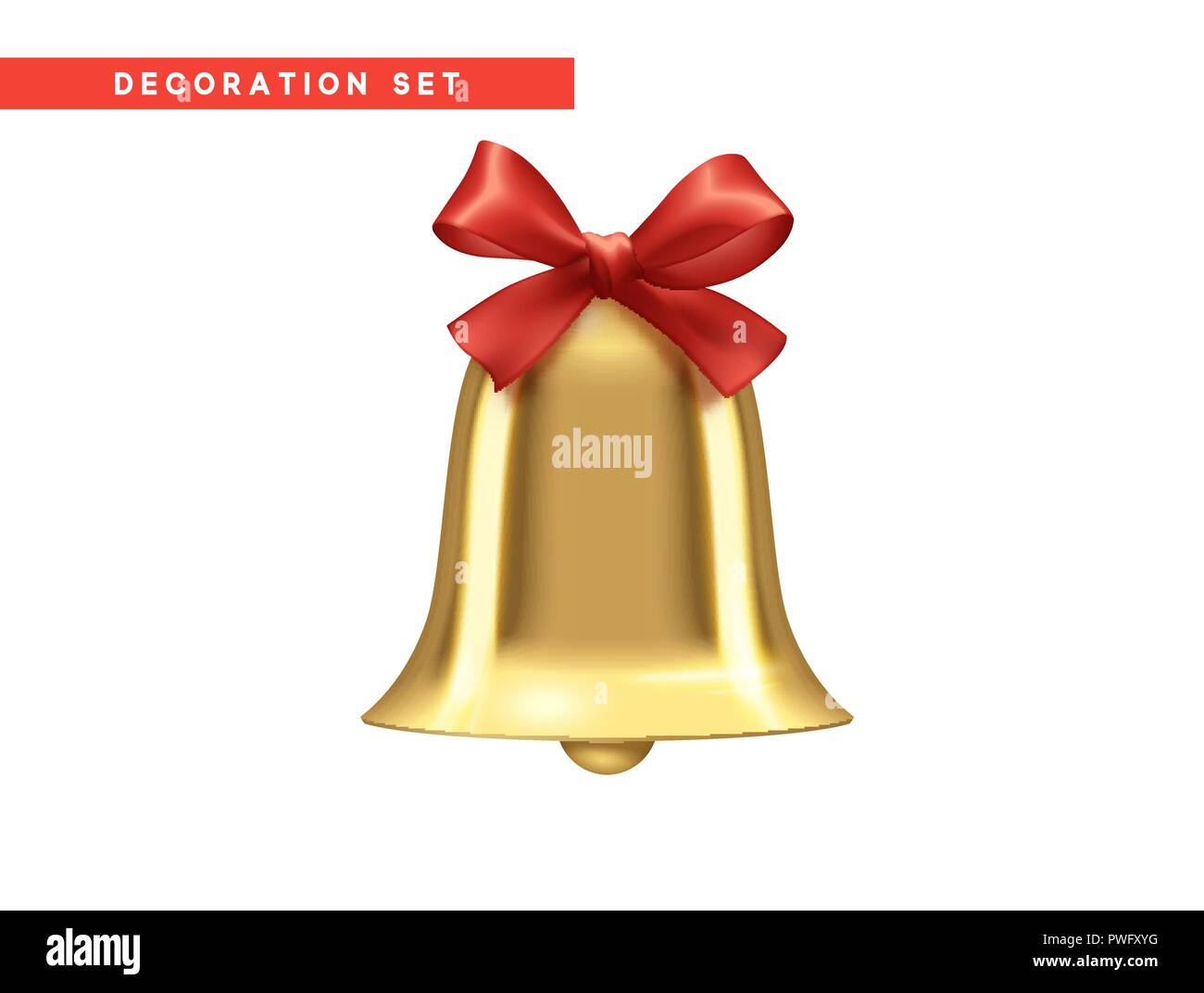 Traditional holiday decoration element, golden bell with red bow ...