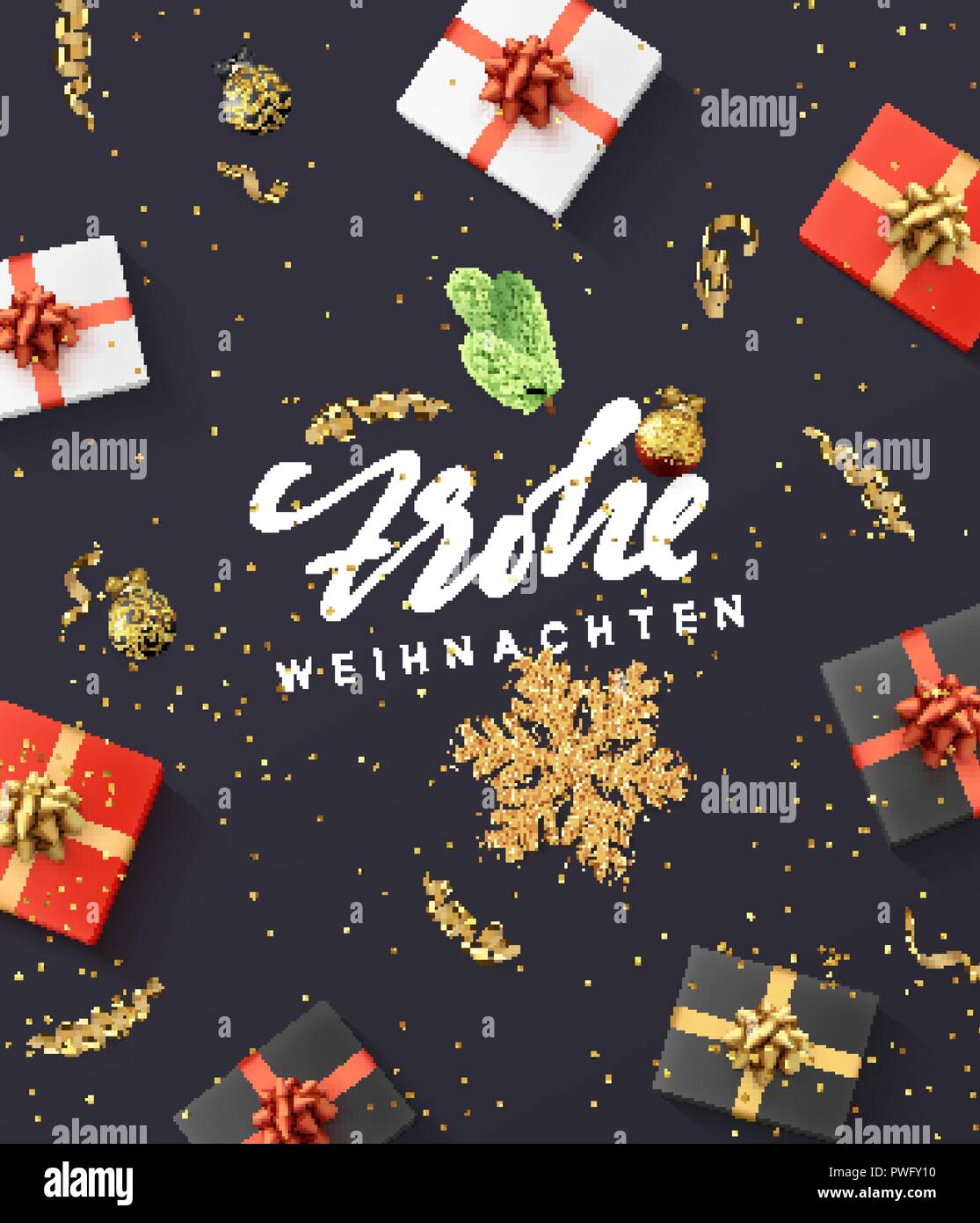 German text Frohe Weihnachten. Christmas composition. gift, confetti ...