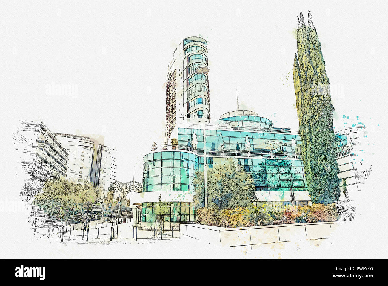 A watercolor sketch or an illustration. Urban view of the architecture ...