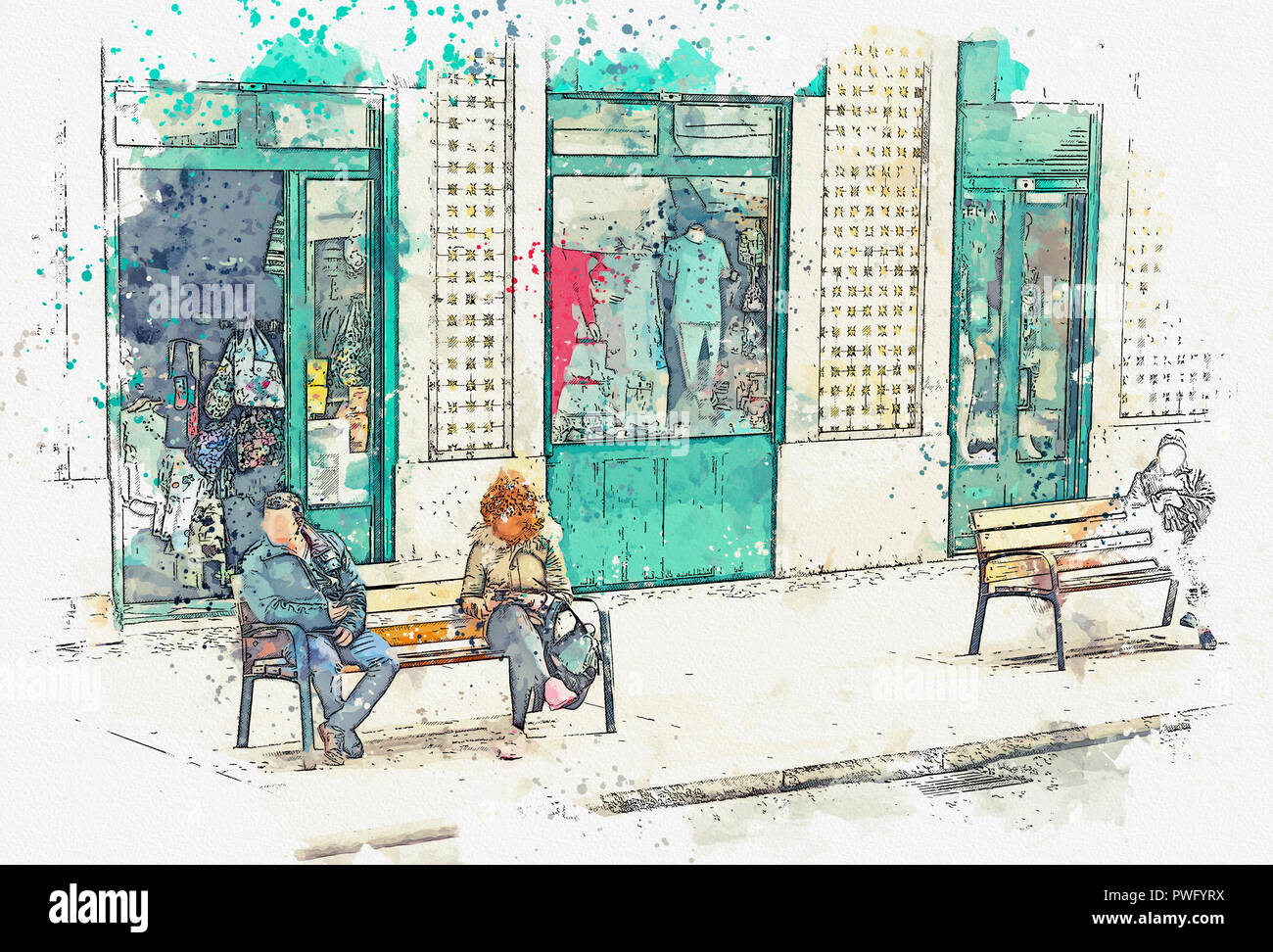 A watercolor sketch or an illustration. People sit on the benches at ...
