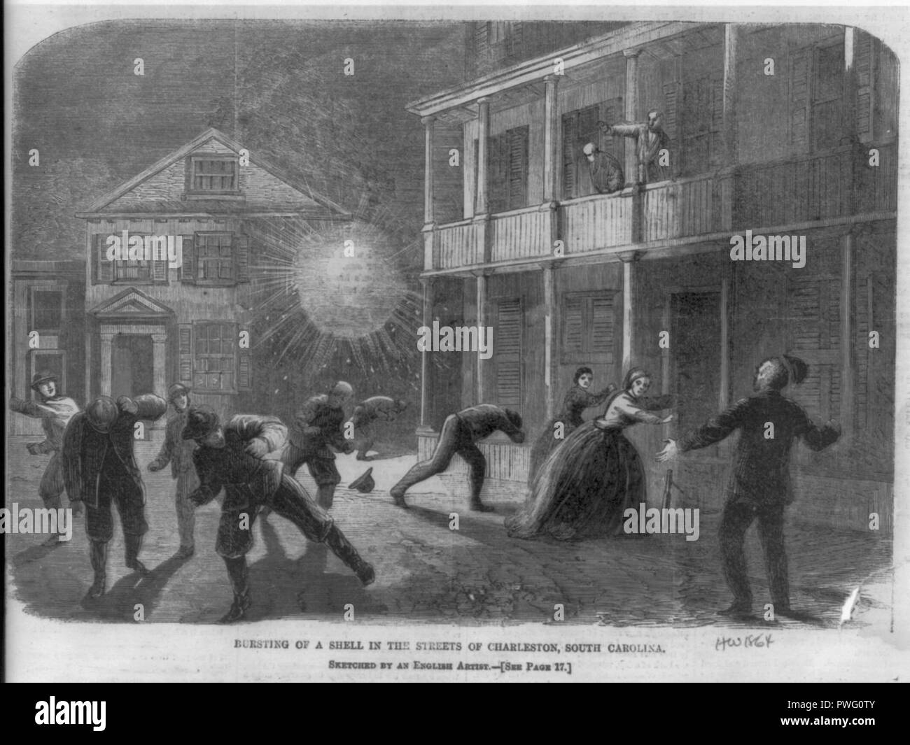 Bursting of a shell in the streets of Charleston, South Carolina (1864 ...