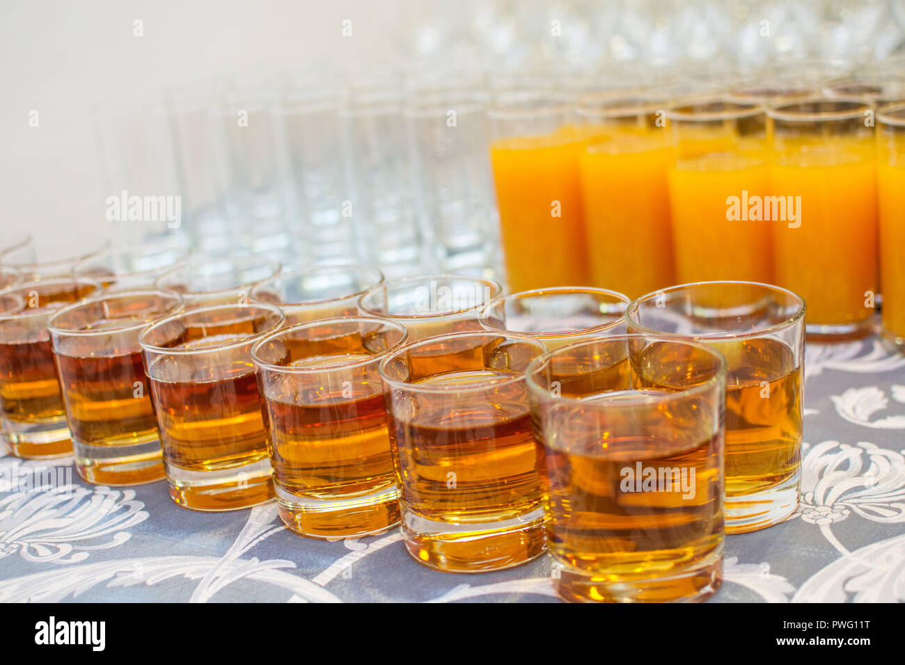 food background. many glasses with juice on buffet table Stock Photo ...