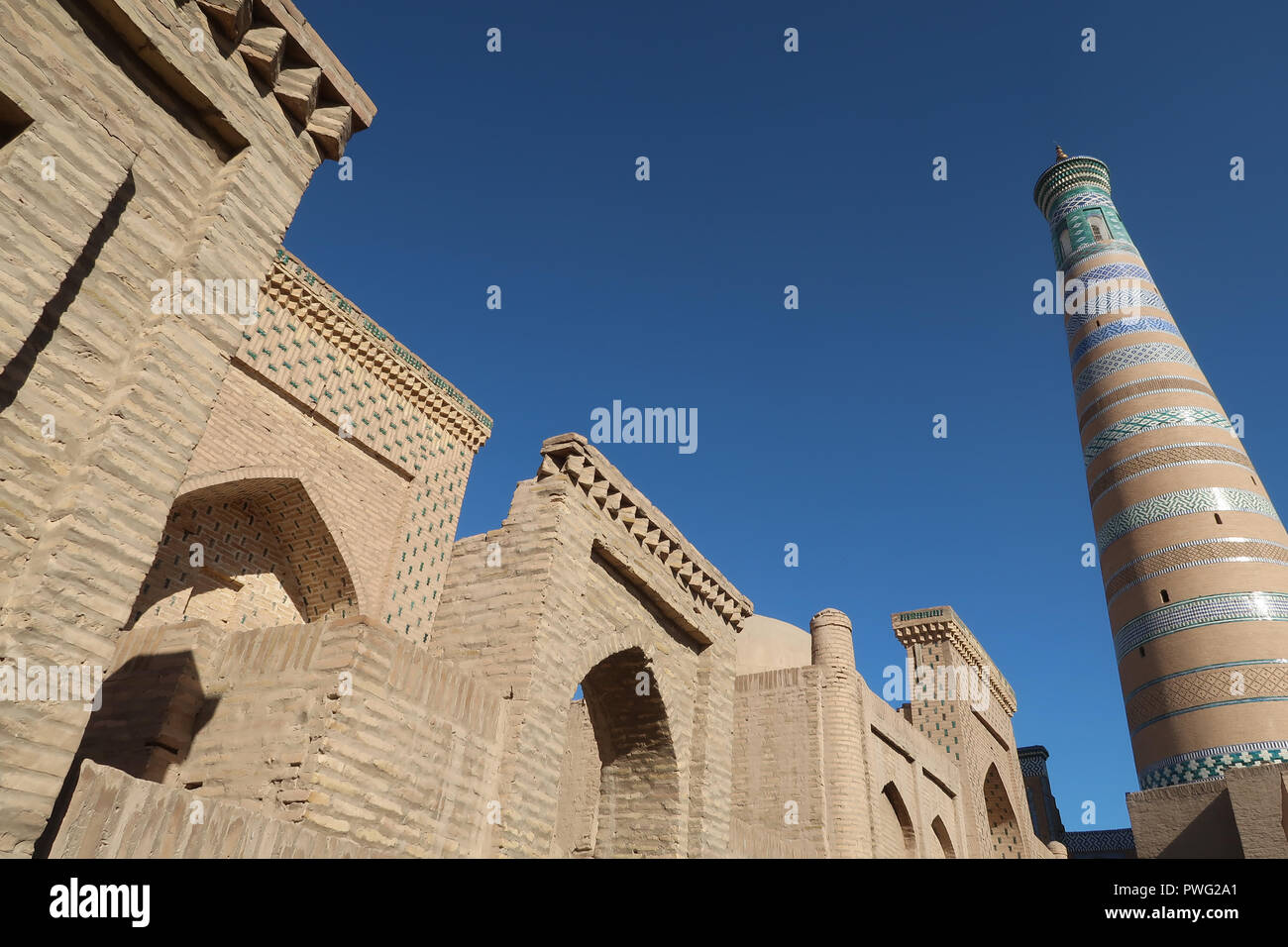 View of the 56.6 meters Islam Khodja Minaret in the Ichan-Kala historic ...