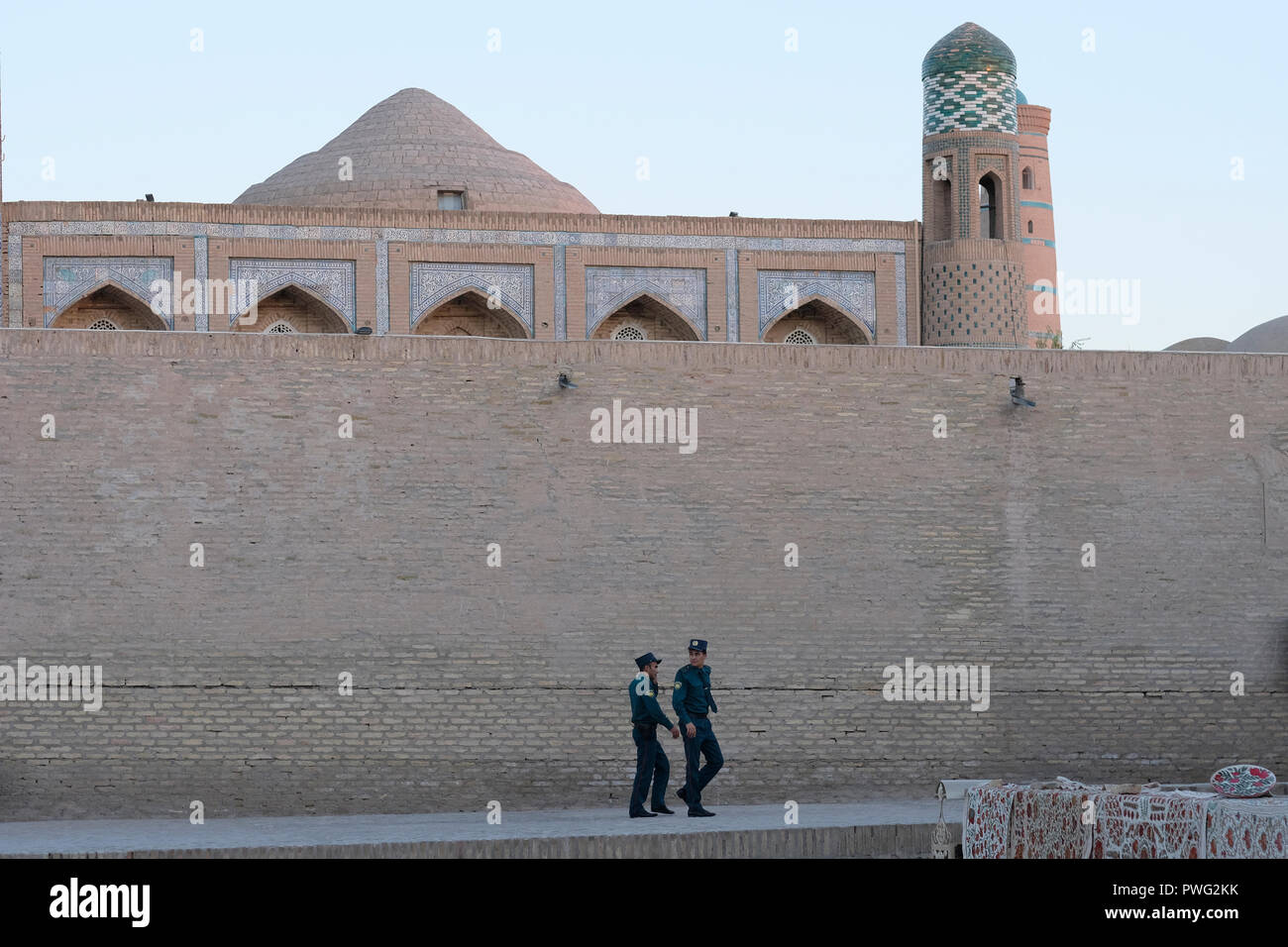 Uzbek policemen patrolling in the Ichan-Kala historic city of Khiva the ...