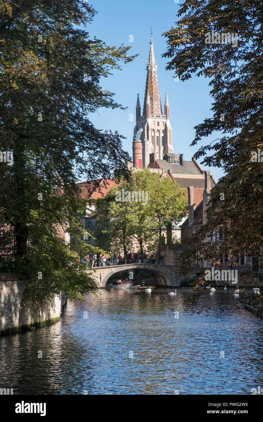 The Church of our Lady Tower, viewed from Wijngaardplein, Bruges ...