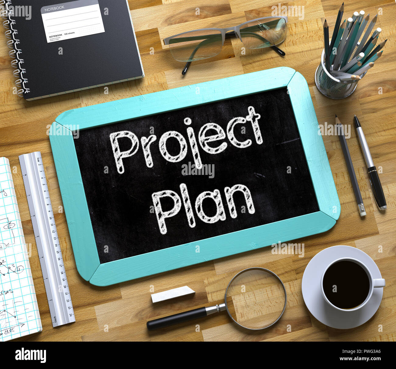 Project Plan on Small Chalkboard. 3d Rendering Stock Photo - Alamy