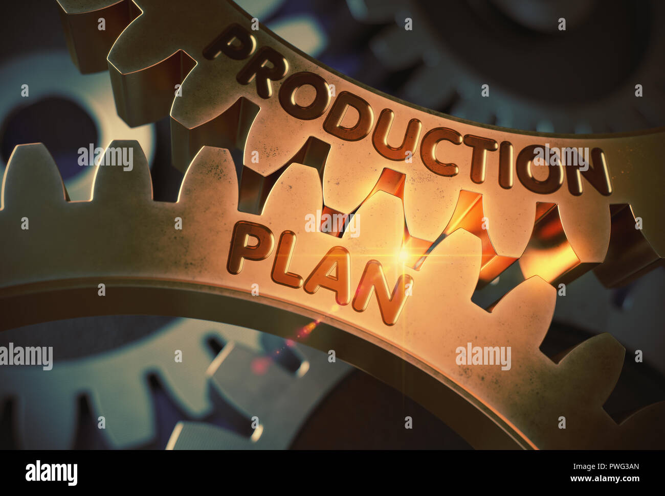 Production Plan Concept. Golden Gears. 3D Illustration Stock Photo - Alamy
