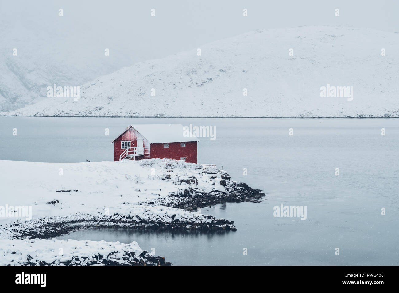 Red rorbu house in winter, Lofoten islands, Norway Stock Photo - Alamy