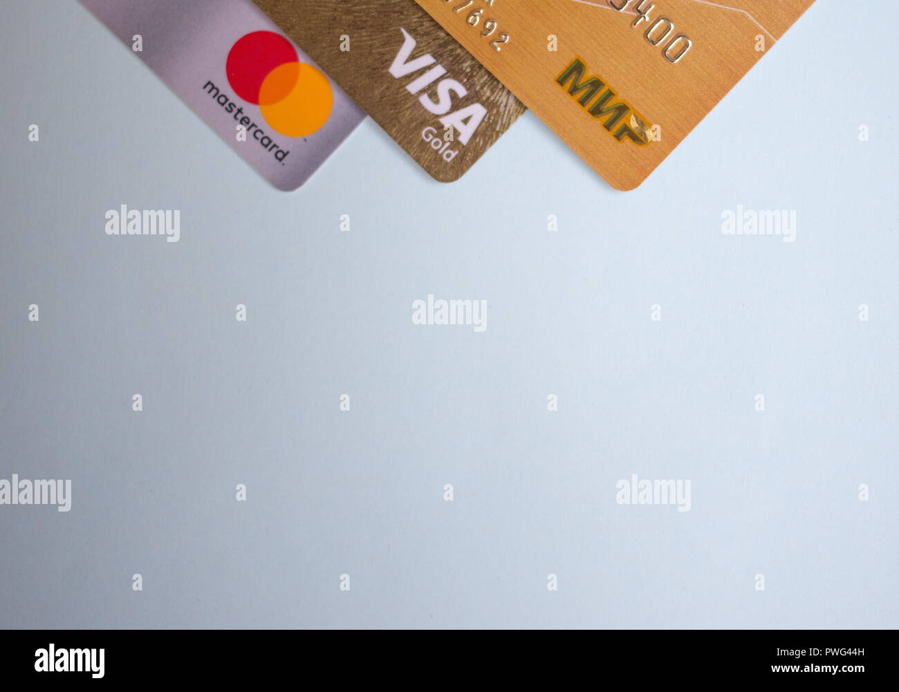 Moscow, Russia- 08 28 2018: Credit card of different payment systems on ...