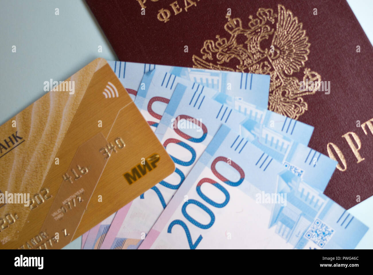 Moscow, Russia- 08 28 2018: Russian passport. The Russian Currency ...