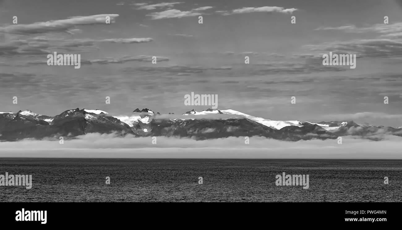 Picturesque landscape snow capped mountains Black and White Stock ...