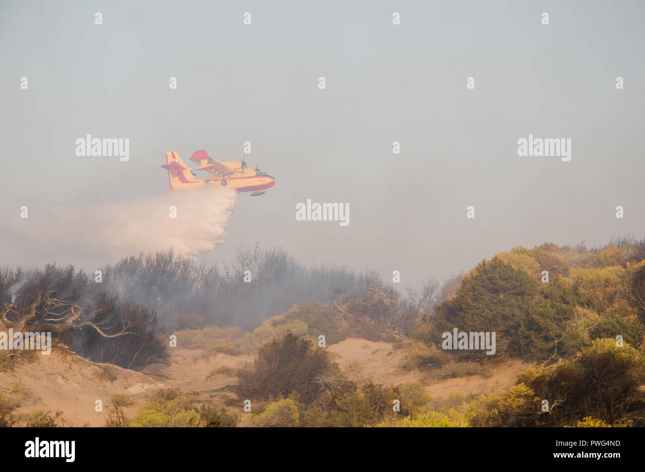 firefighting aircraft, canadair in action, throwing water into the fire ...