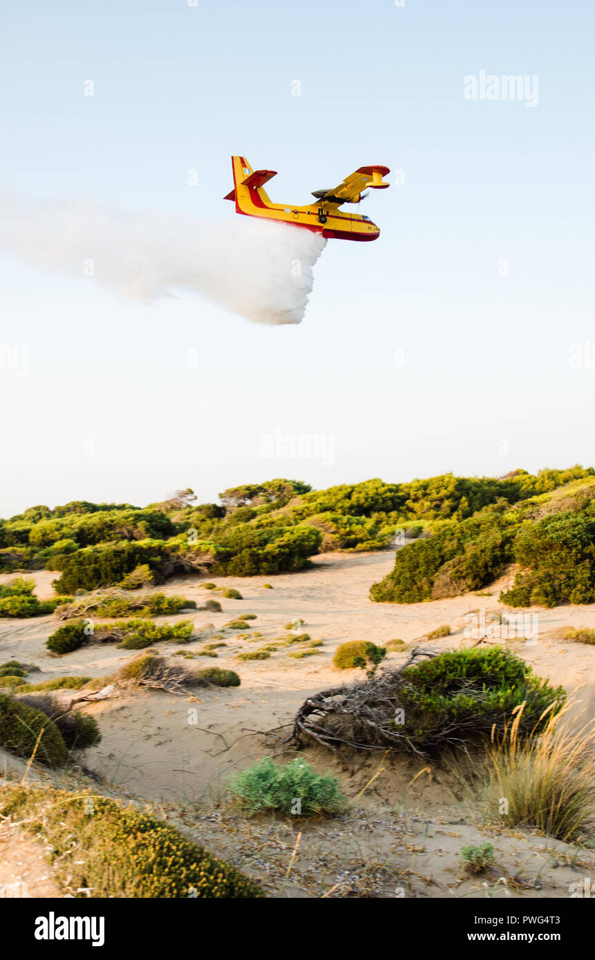 firefighting aircraft, canadair in action, throwing water into the fire ...