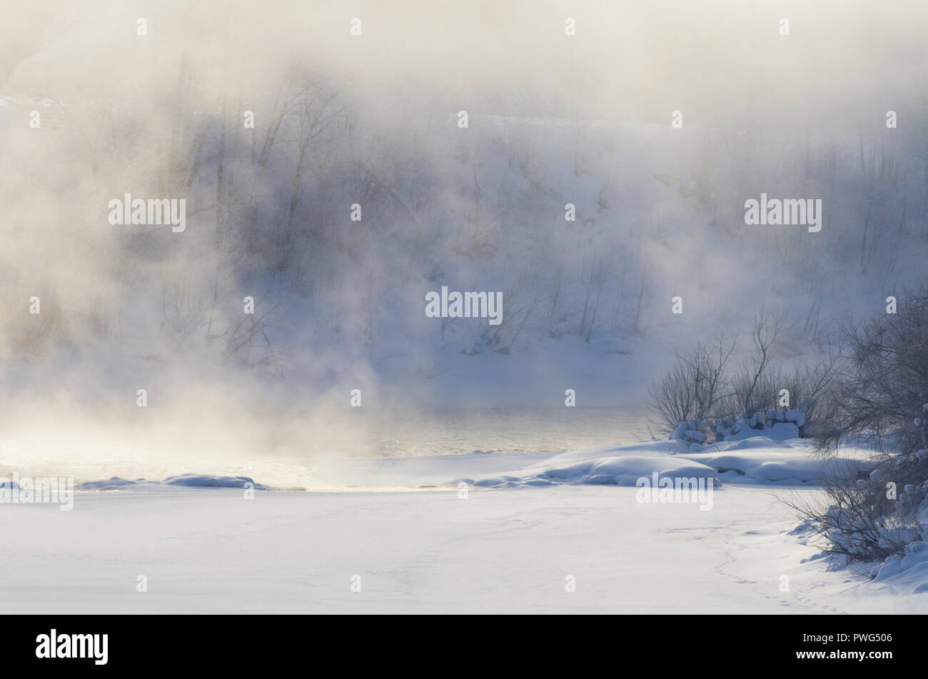 Fog over the river on a frosty morning and white snowy field in winter ...