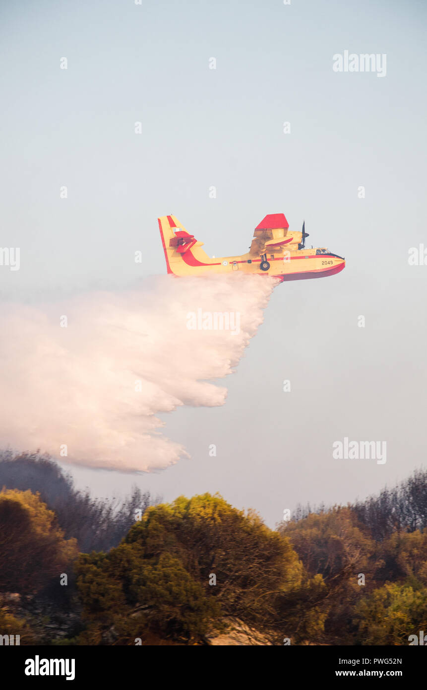 firefighting aircraft, canadair in action, throwing water into the fire ...