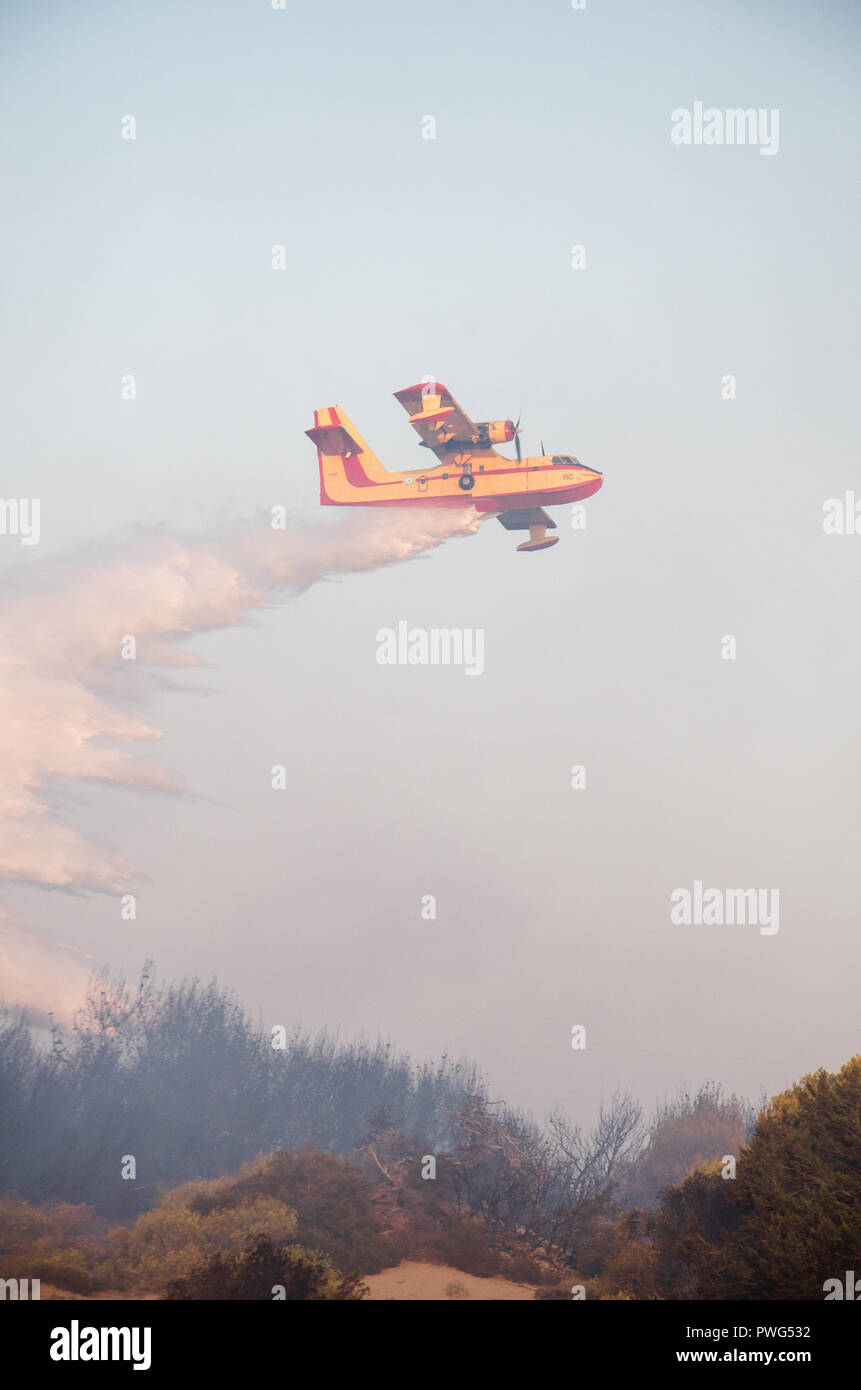 firefighting aircraft, canadair in action, throwing water into the fire ...