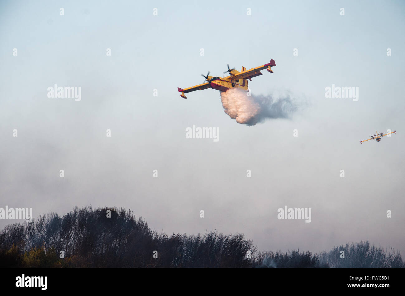 firefighting aircraft, canadair in action, throwing water into the fire ...