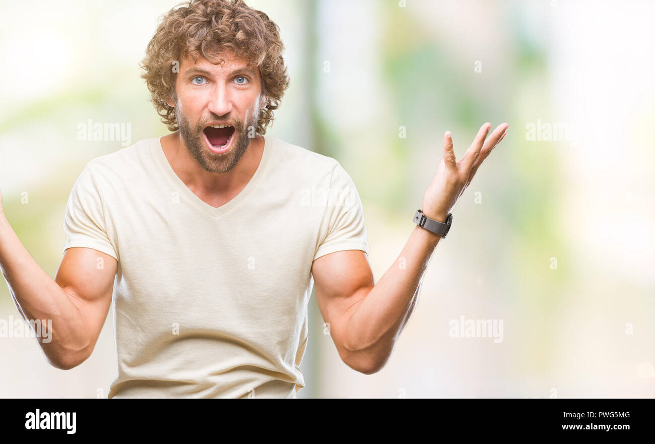 Handsome hispanic model man over isolated background celebrating crazy ...