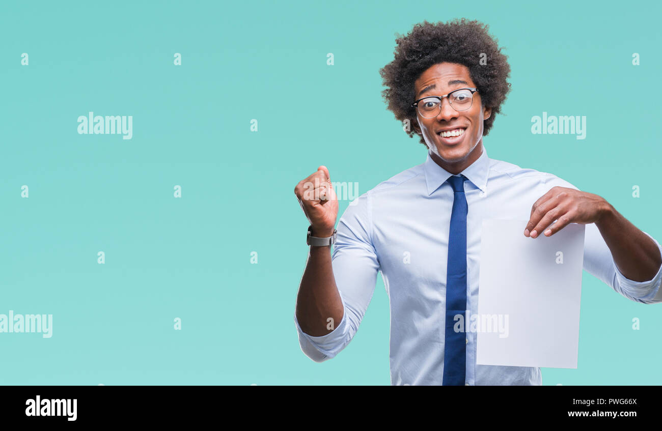 Afro american man holding blank paper contract over isolated background ...