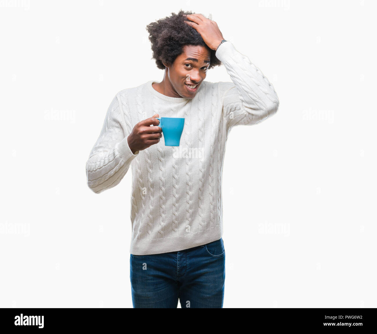 Afro american man drinking cup of coffee over isolated background ...