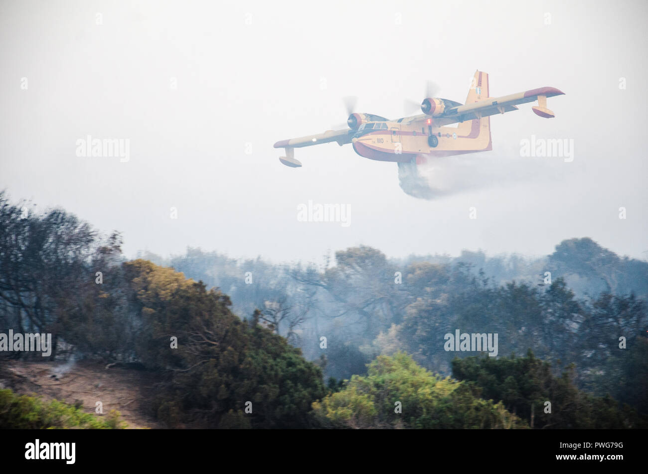firefighting aircraft, canadair in action, throwing water into the fire ...